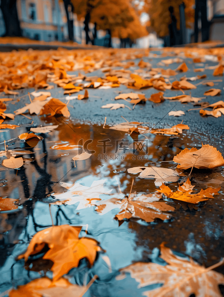 秋天城市道路水坑里的落叶高清摄影大图-千库网
