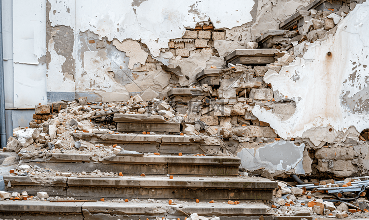 台阶被毁楼梯被掏空旧建筑房屋外墙摇摇欲坠高清摄影大图-千库网