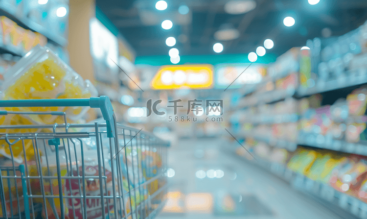便利店货架内部模糊背景与空超市购物车高清摄影大图-千库网
