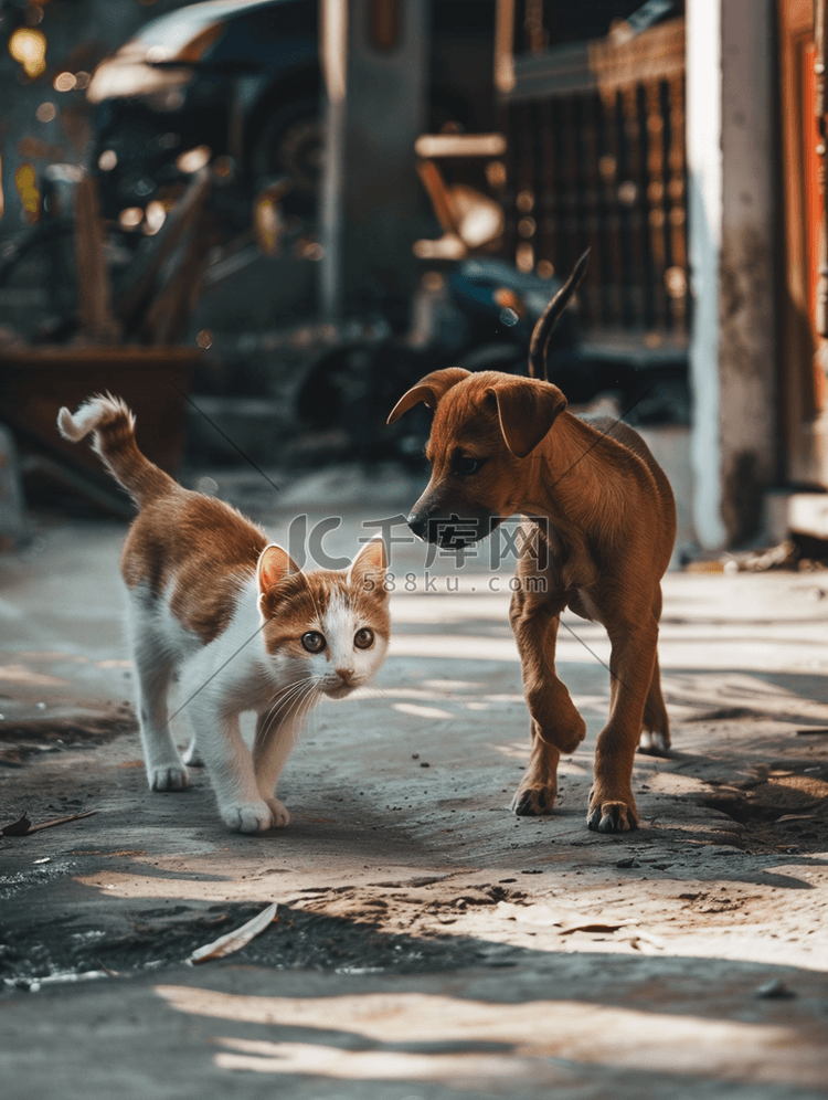 白猫和棕狗在墨西哥地板上打斗行走高清摄影大图-千库网