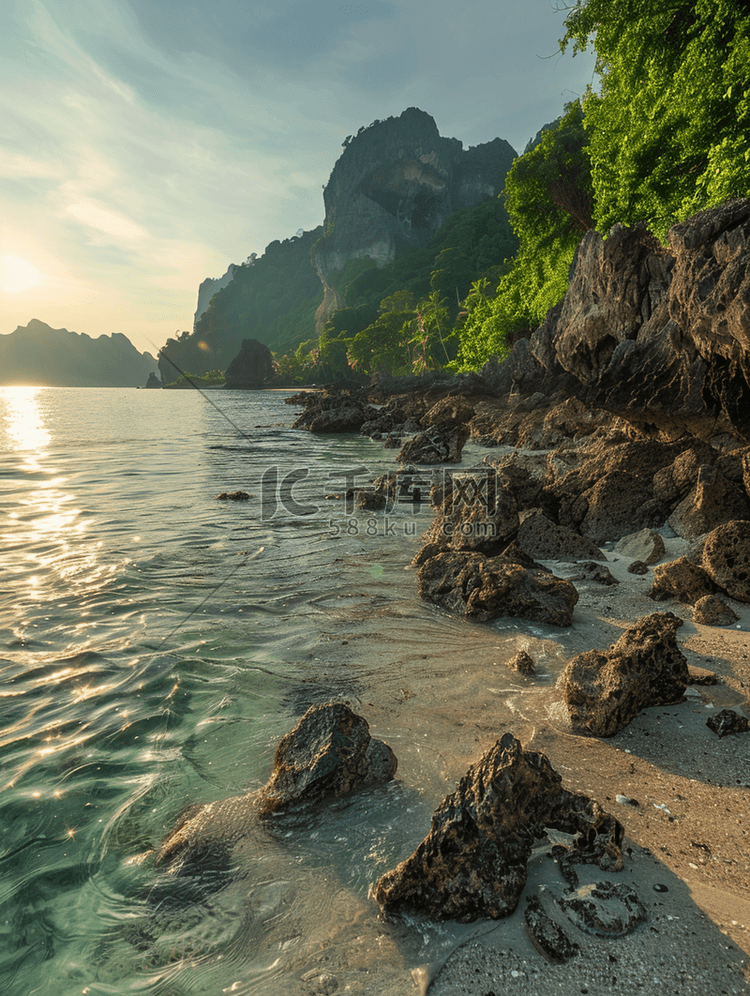 热带夜晚的海滩和落基山脉高清摄影大图-千库网