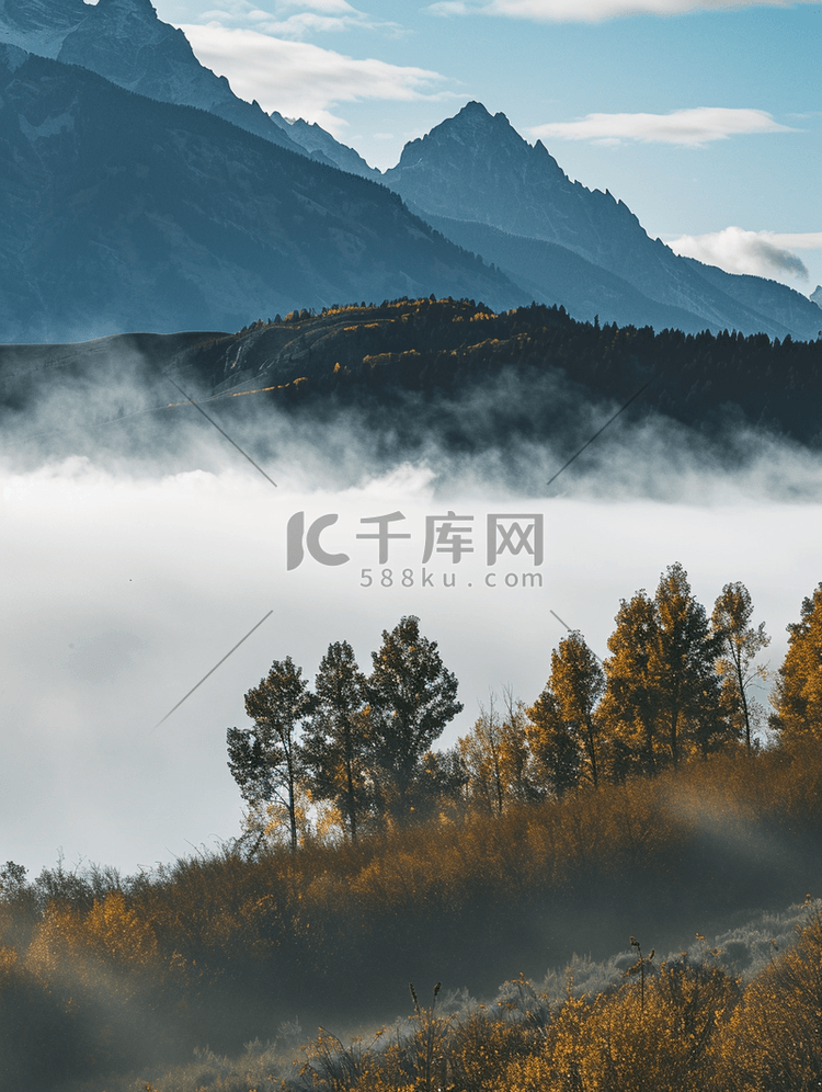 部分多云的秋天早晨大提顿山脉高清摄影大图-千库网