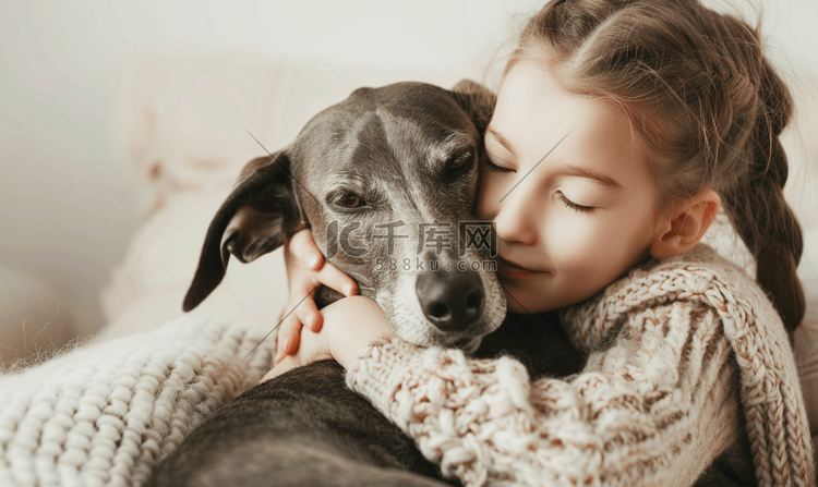 拥抱灰狗的孩子高清摄影大图-千库网