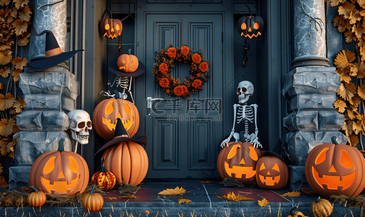 万圣节前门装饰有南瓜和骷髅高清摄影大图-千库网