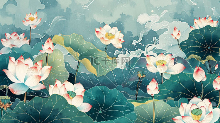 荷塘荷叶荷花合成创意背景图片免费下载-千库网