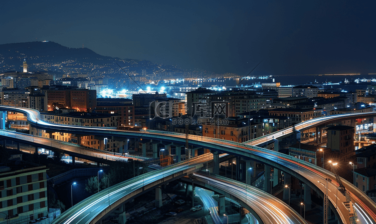 热那亚天桥著名立交桥夜间高清摄影大图-千库网