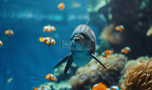 海豚水下蓝色与小丑鱼尼莫高清摄影大图-千库网