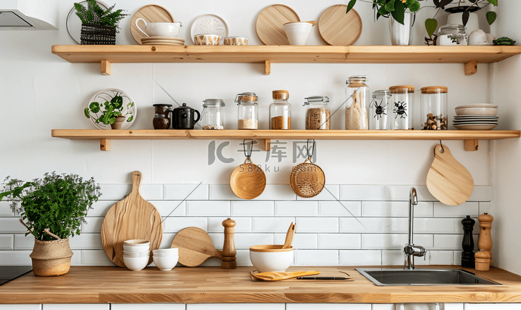 现代厨房日式风格厨房架子采用天然橡木高清摄影大图-千库网