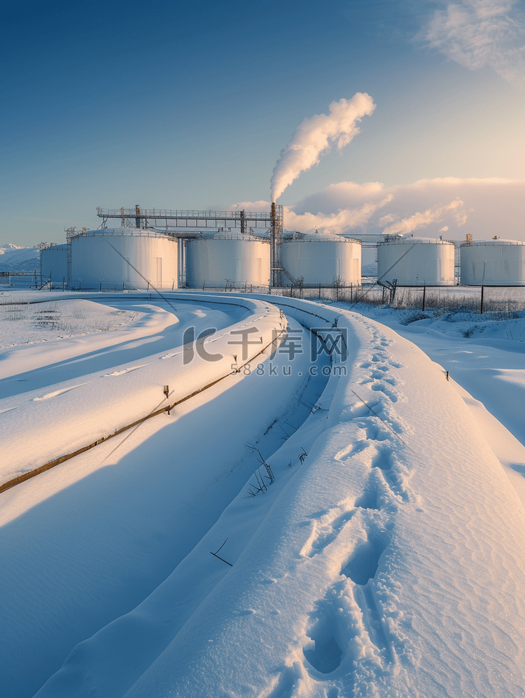 石油储存码头的油库用围栏固定冬天看雪高清摄影大图-千库网