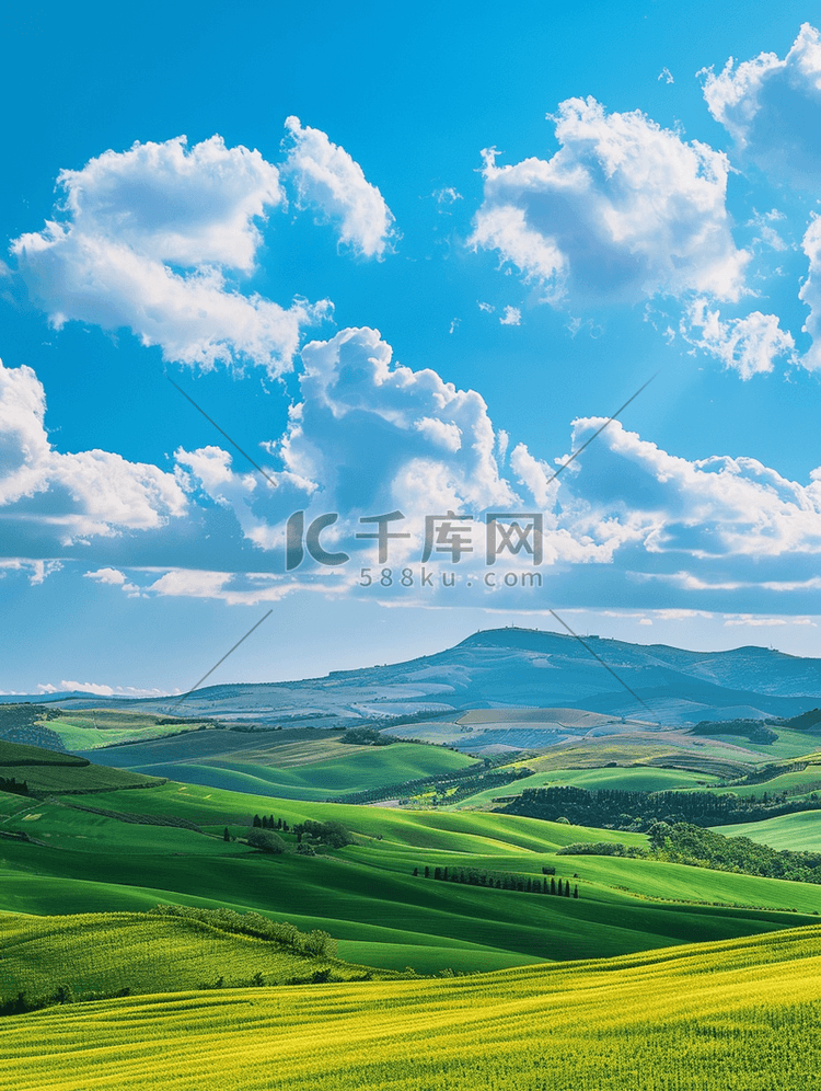 春天西西里绿色土地上空的蓝色云朵高清摄影大图-千库网