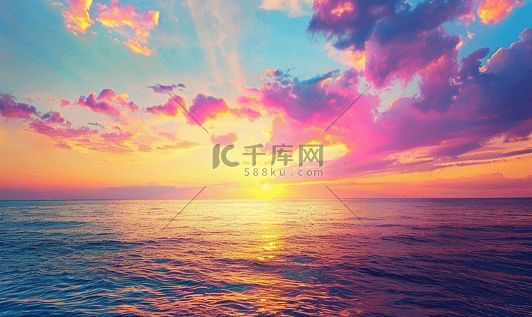 令人兴奋的日落大海上美丽的彩色云彩高清摄影大图-千库网