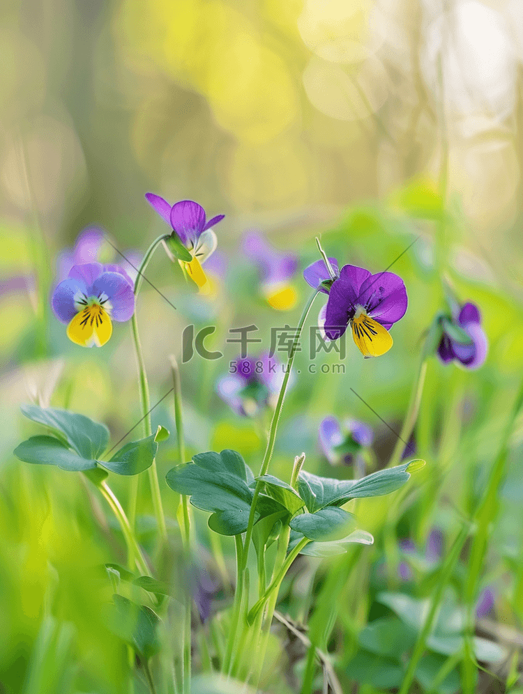 春天阳光明媚的森林中野生三色紫罗兰在绿色模糊背景特写高清摄影大图-千库网