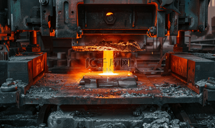 大型机械锤机热钢锻造工艺的特写正面图高清摄影大图-千库网