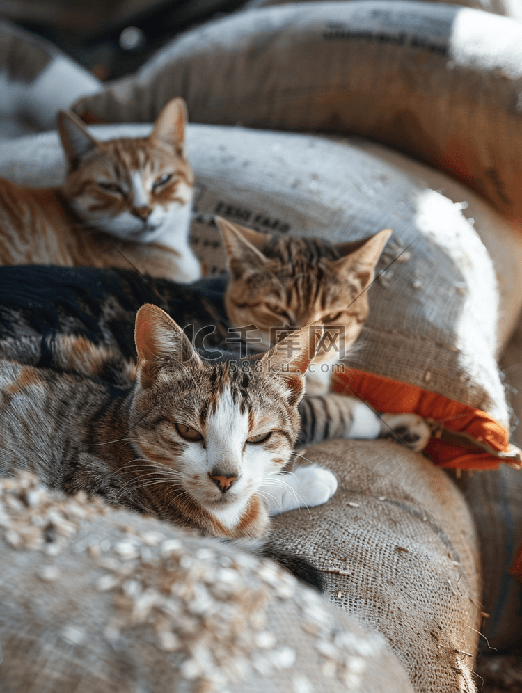 捕鼠猫躺在仓库里的谷物袋上晒太阳高清摄影大图-千库网