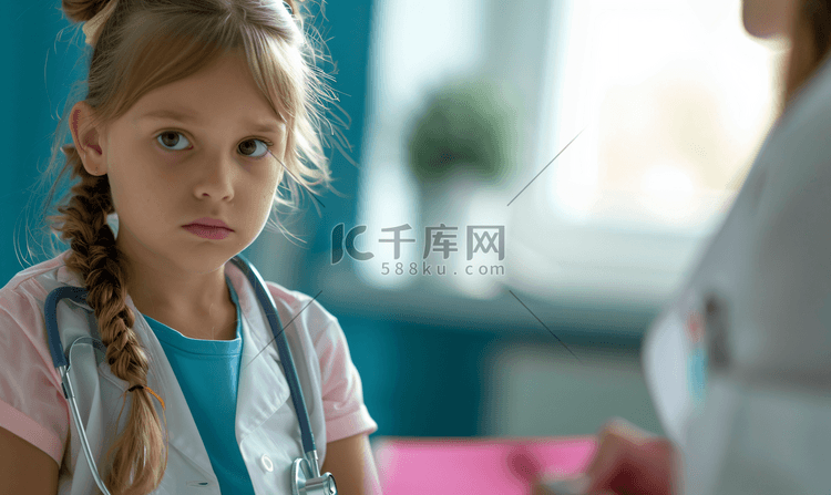 医生给生病的小女孩做记录高清摄影大图-千库网
