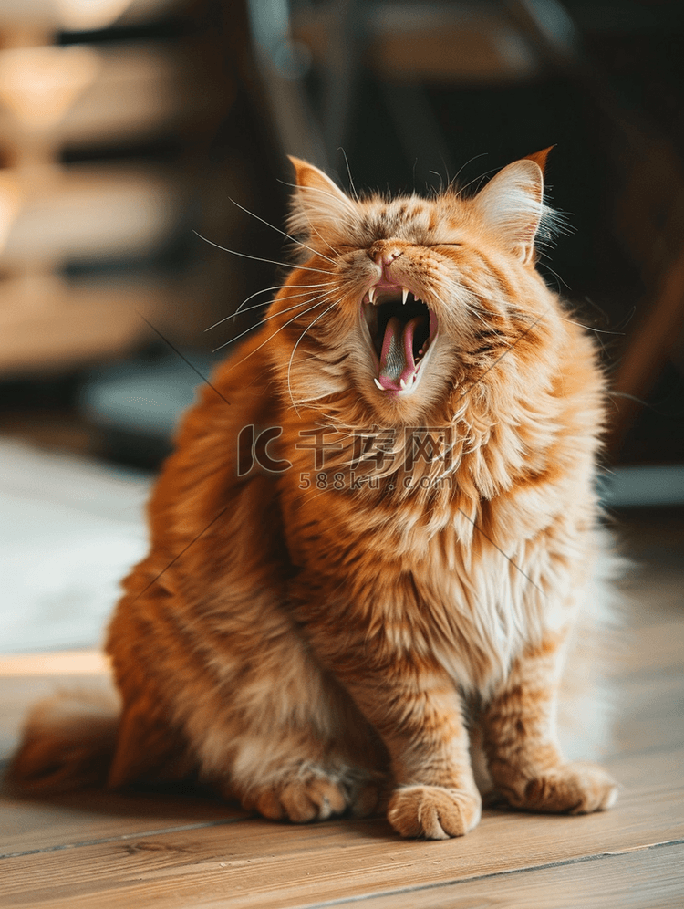 橙色毛茸茸的猫在木地板上打哈欠高清摄影大图-千库网