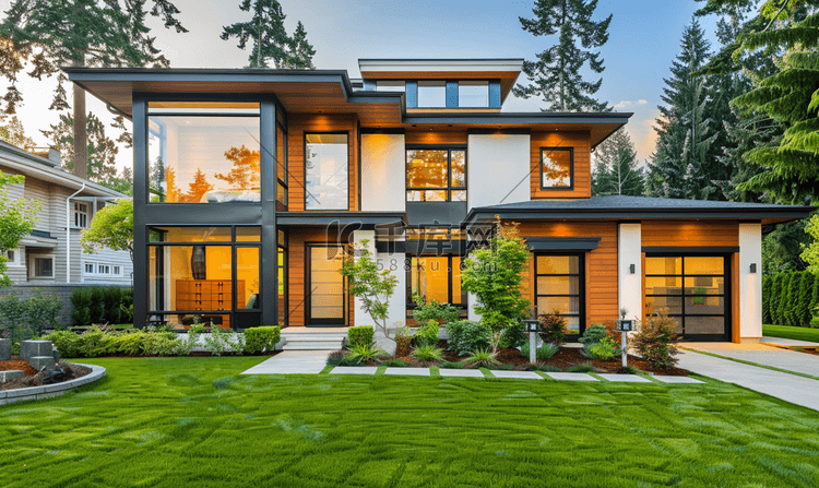 美丽的现代房屋外观与绿草高清摄影大图-千库网