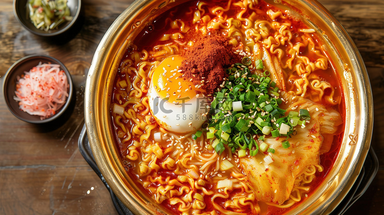 一锅金黄色的拉面鸡蛋照片高清摄影大图-千库网