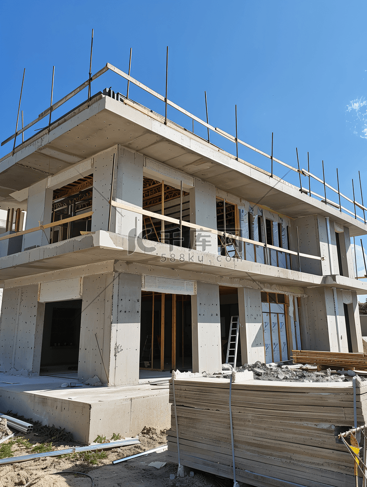 蓝天下一座在建房屋的低视角高清摄影大图-千库网
