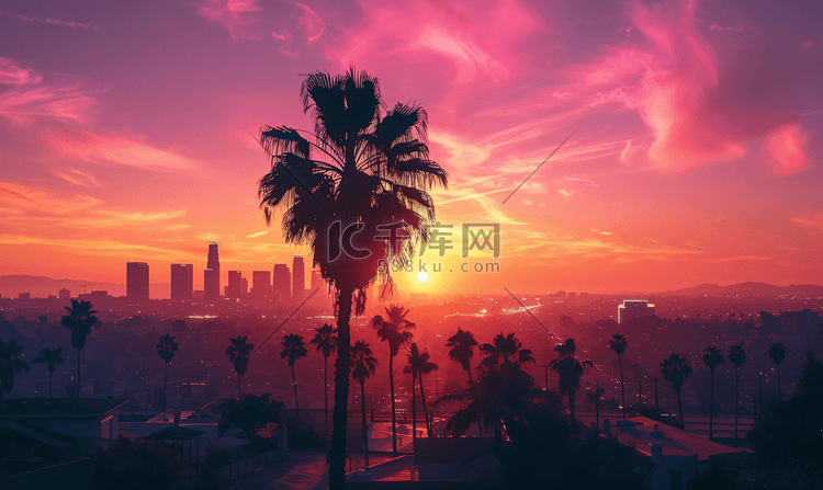 洛杉矶炎热的日落美景背景是棕榈树和市中心高清摄影大图-千库网