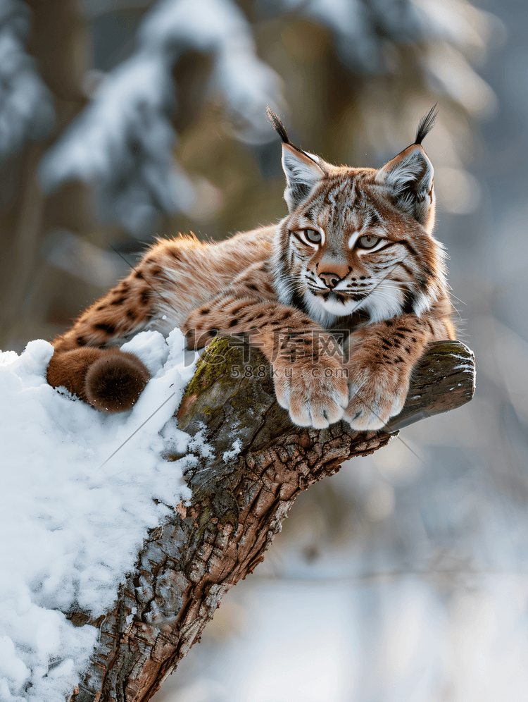 冬季森林中躺在树干上的欧亚山猫幼崽高清摄影大图-千库网