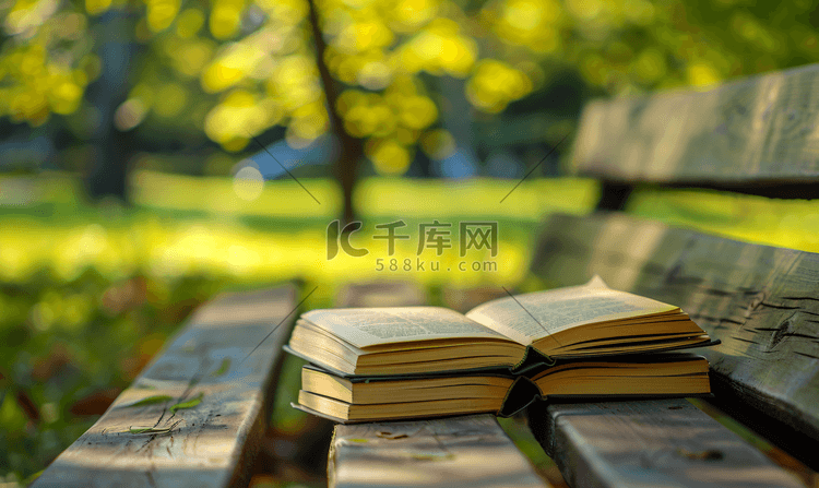 一堆精装书打开的书躺在长凳上高清摄影大图-千库网