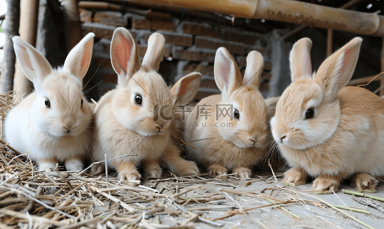 可爱的兔子坐在农场吃干草高清摄影大图-千库网