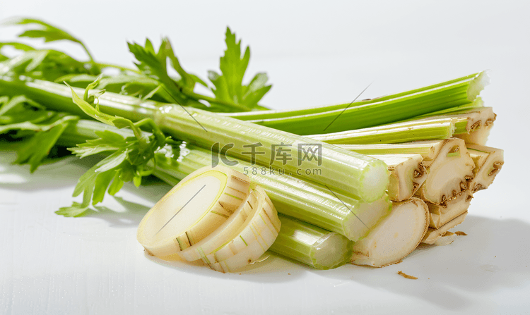 高良姜切成细条连芹菜叶高清摄影大图-千库网