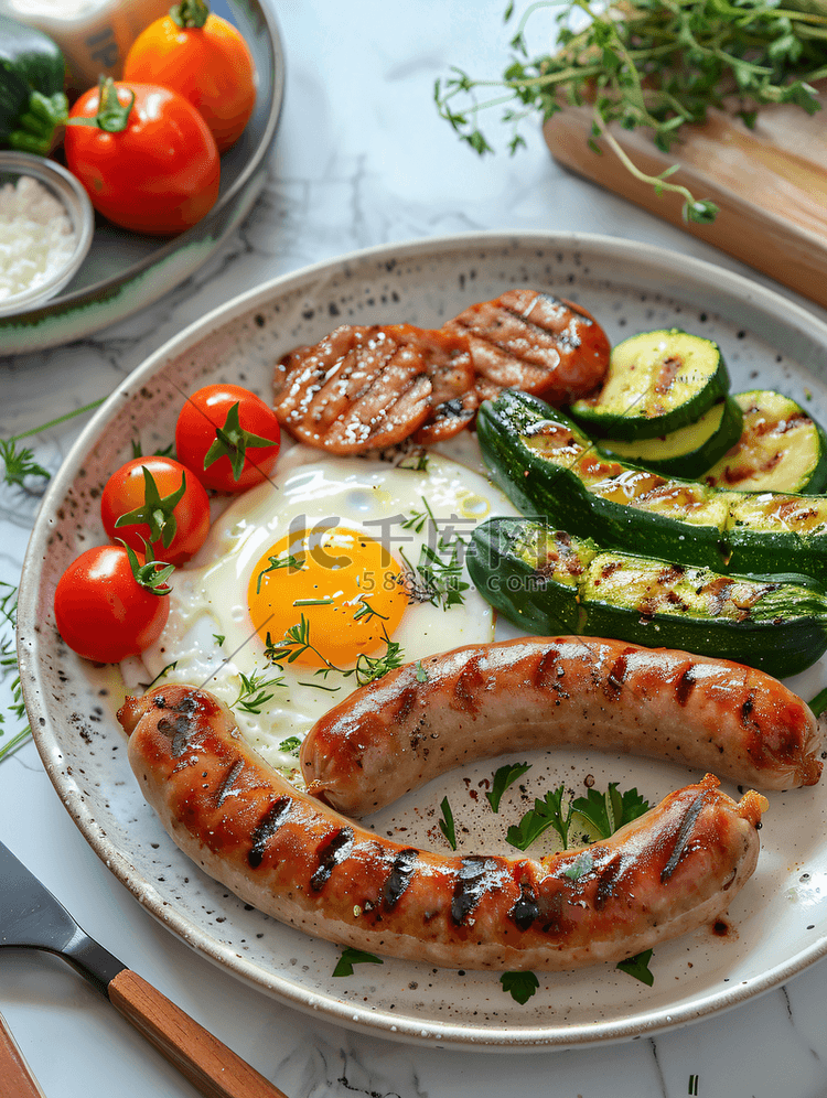 英式早餐煎鸡蛋香肠西葫芦和甜椒高清摄影大图-千库网