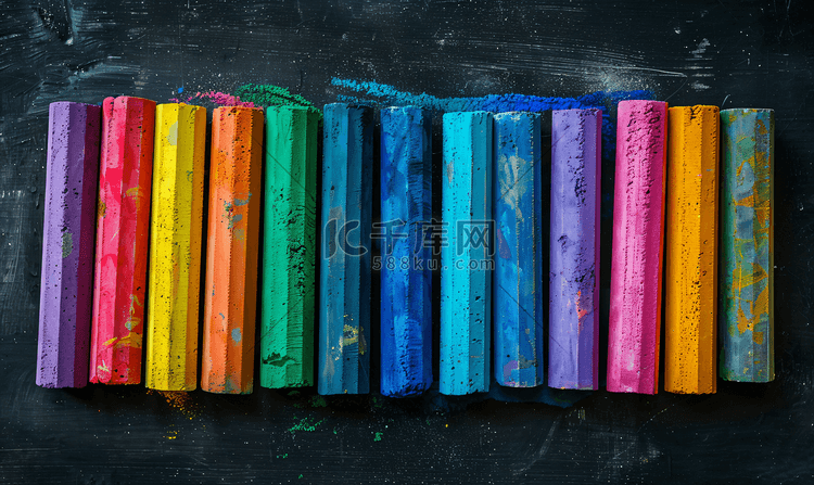 黑板背景上的多彩多姿的粉笔高清摄影大图-千库网