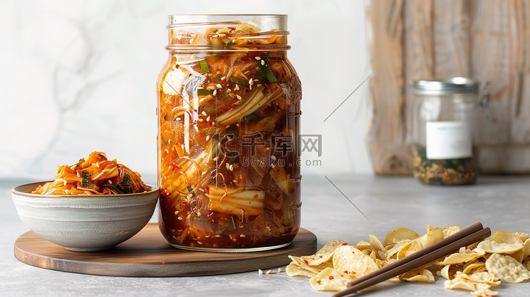 桌子上一大罐韩国泡菜高清摄影图高清摄影大图-千库网