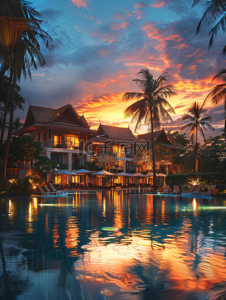 夏天海边日落豪华酒店摄影照片高清摄影大图-千库网