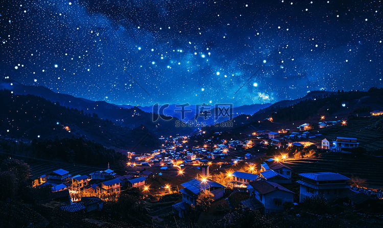 村庄明亮的夜晚星空高清摄影大图-千库网