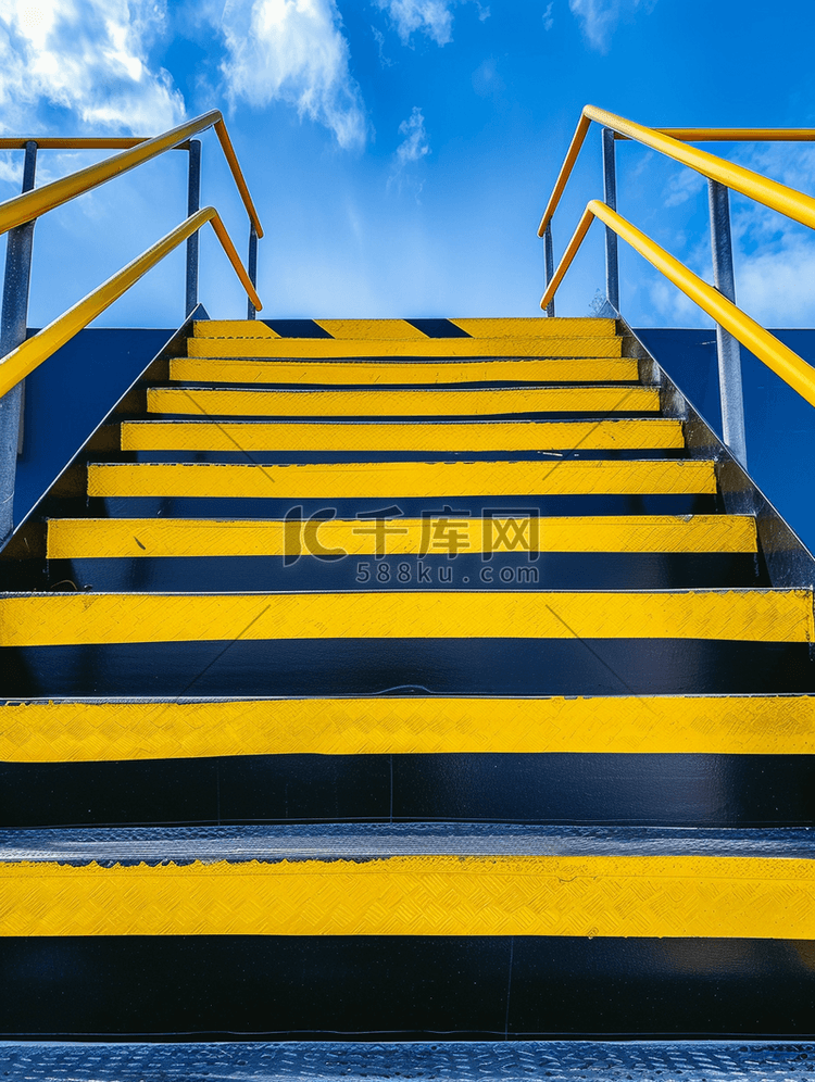 楼梯上贴有黄色和黑色条纹的警告标签高清摄影大图-千库网