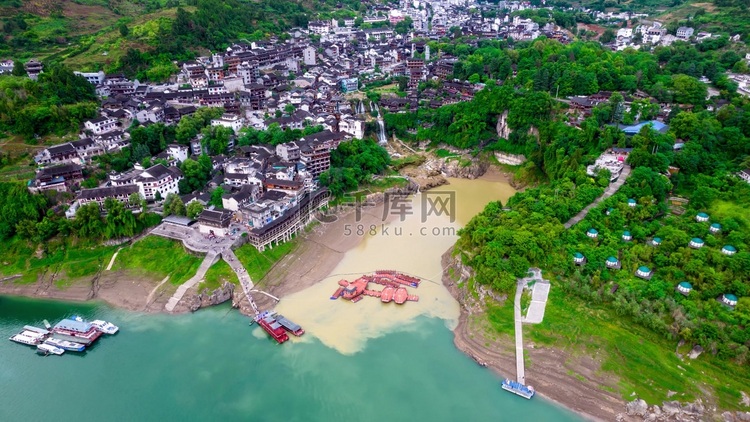 震撼湘西芙蓉镇4A景区航拍实拍高清摄影大图-千库网