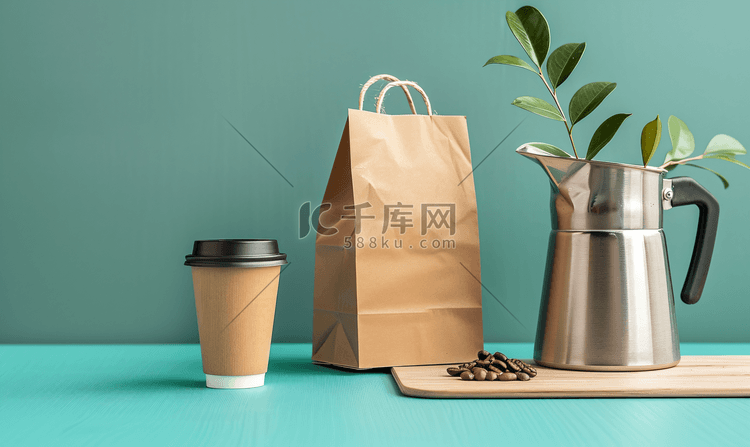 咖啡杯工艺纸袋和不锈钢水罐高清摄影大图-千库网