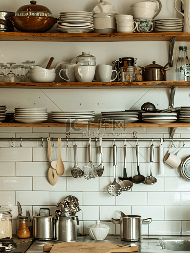 厨房架子上的厨具和家庭用具高清摄影大图-千库网