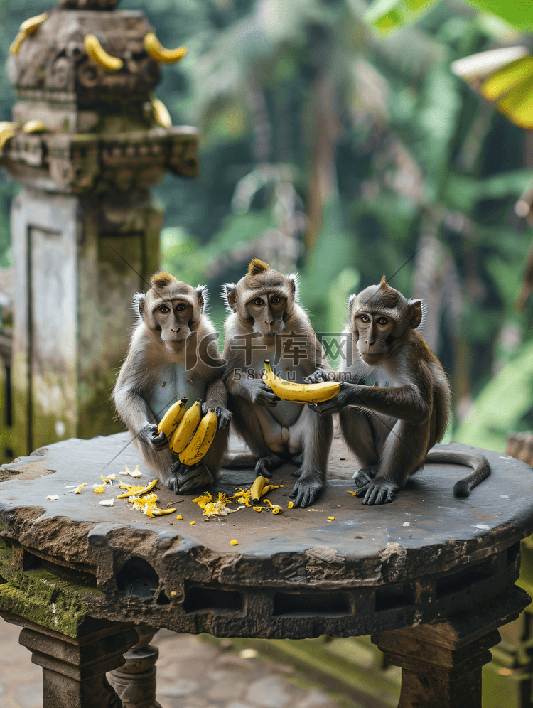 三只猴子在石桌上吃香蕉高清摄影大图-千库网