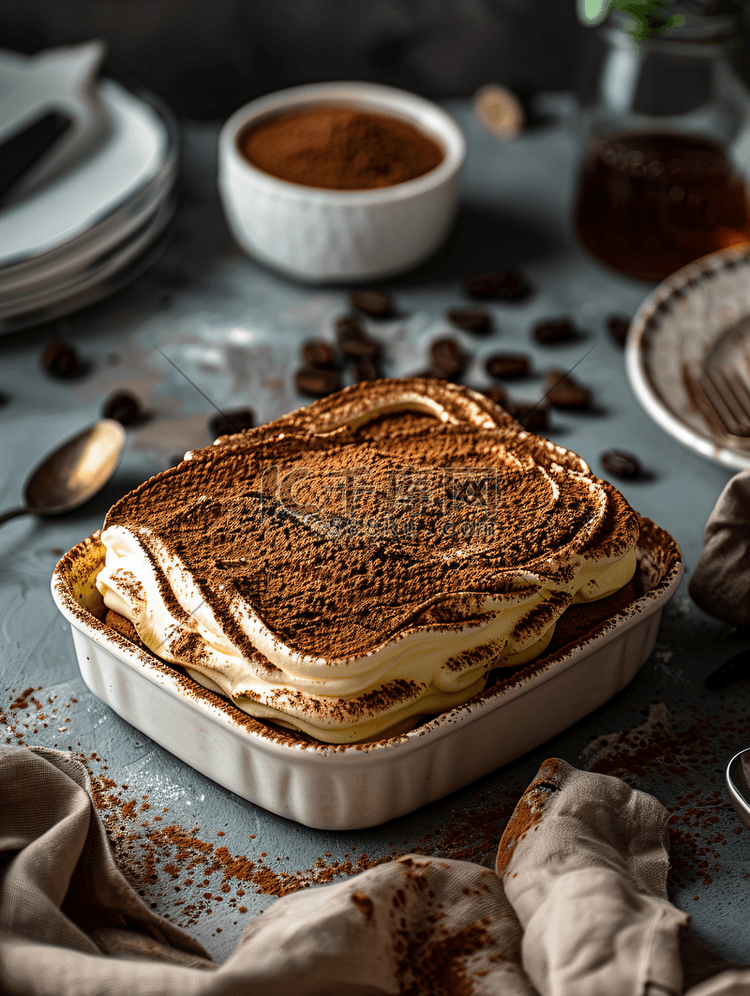 陶瓷盘中的提拉米苏蛋糕高清摄影大图-千库网