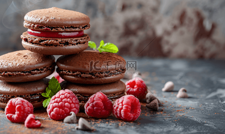 巧克力和覆盆子法式马卡龙配甘纳许馅料高清摄影大图-千库网