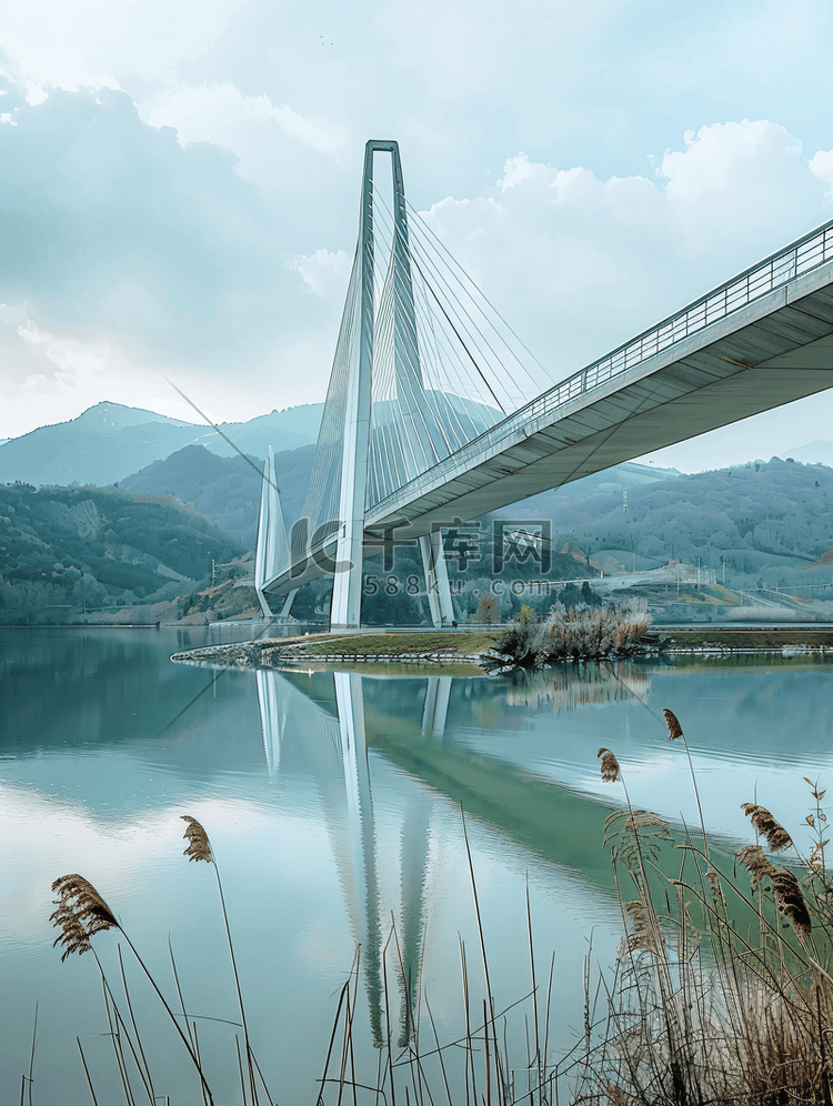 布雷博河上有钢缆的桥梁高清摄影大图-千库网