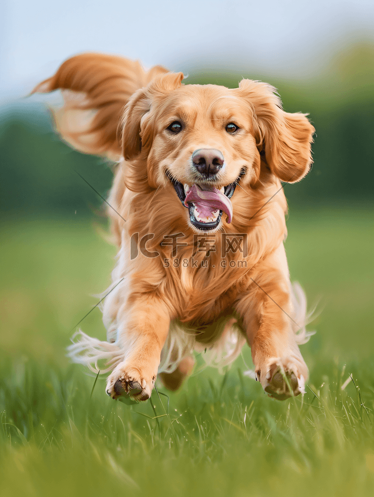 快乐的狗在草地上奔跑脸上挂着快乐的笑脸高清摄影大图-千库网