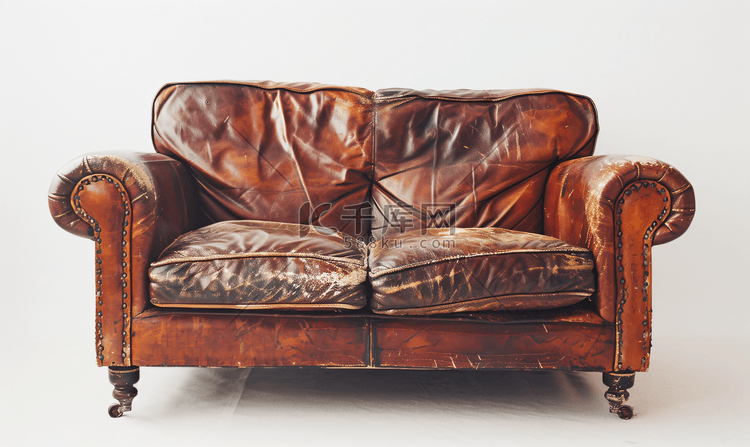 白色背景的复古风格旧旧皮革沙发高清摄影大图-千库网