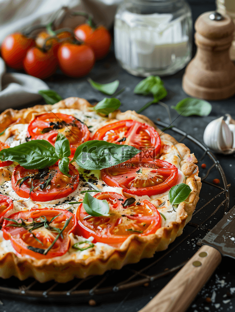 番茄马苏里拉奶酪馅饼高清摄影大图-千库网