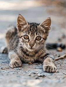 地上的猫肖像条纹流浪猫高清摄影大图-千库网