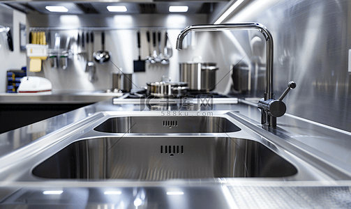 配有不锈钢器具的全新现代化厨房高清摄影大图-千库网