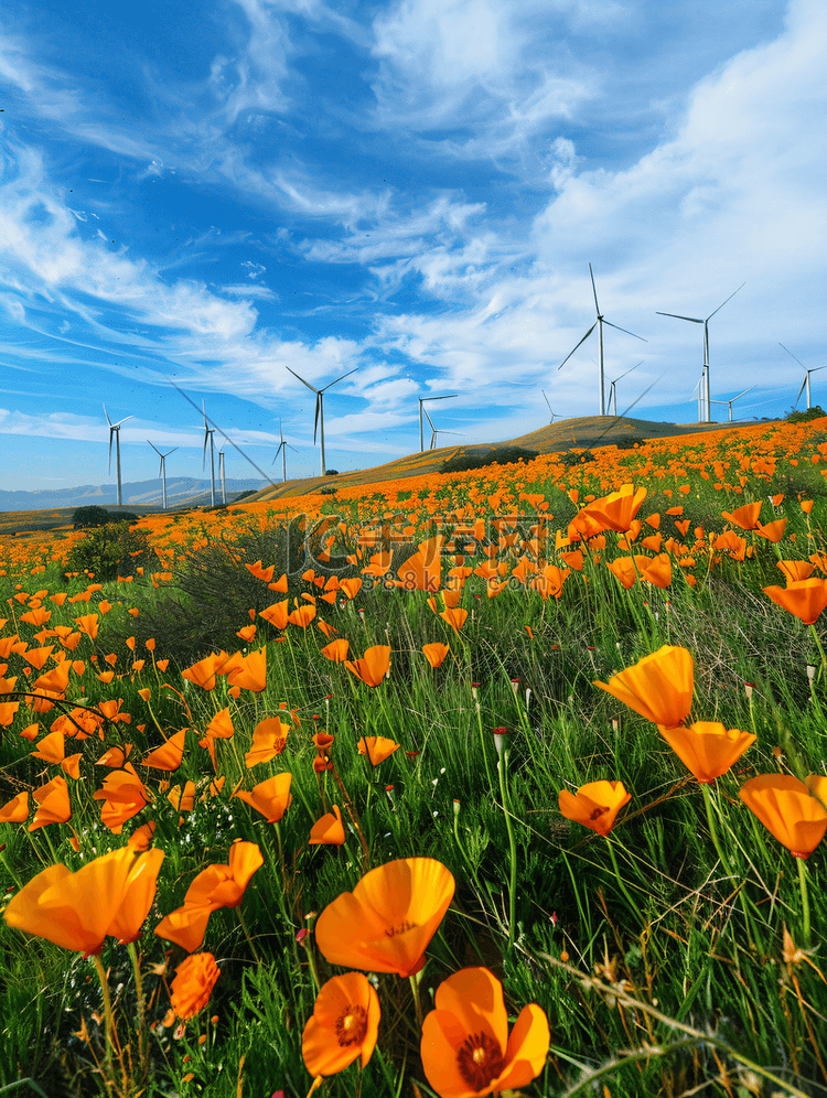 风力涡轮机与壮丽的天空和加州罂粟花形成鲜明对比高清摄影大图-千库网