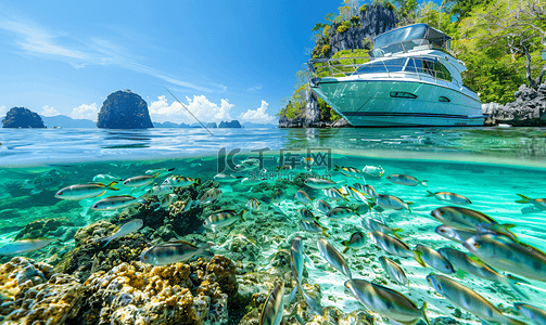马来西亚兰卡威岛的一艘锚定游艇高清摄影大图-千库网