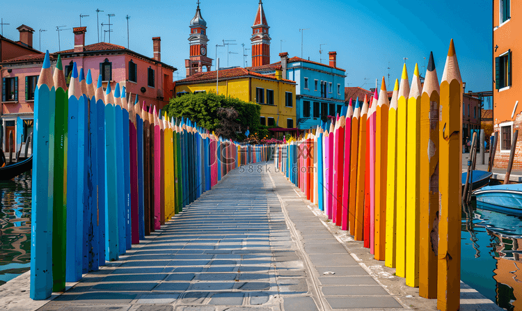 威尼斯基奥贾的巨型彩色铅笔栅栏高清摄影大图-千库网