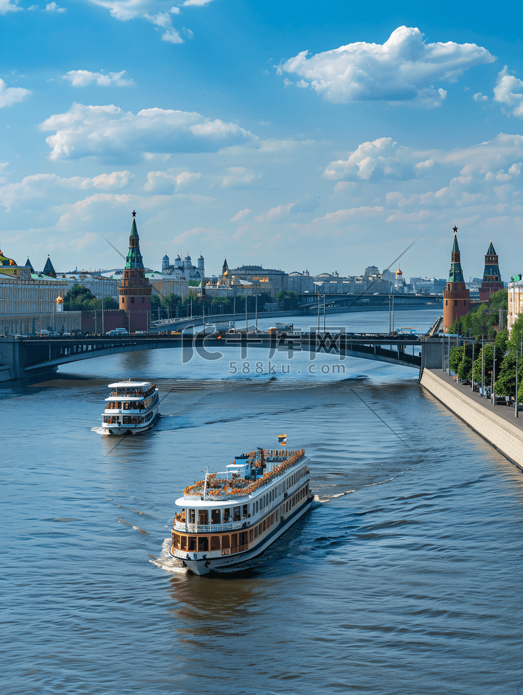 克里米亚桥和莫斯科河上的游览船高清摄影大图-千库网